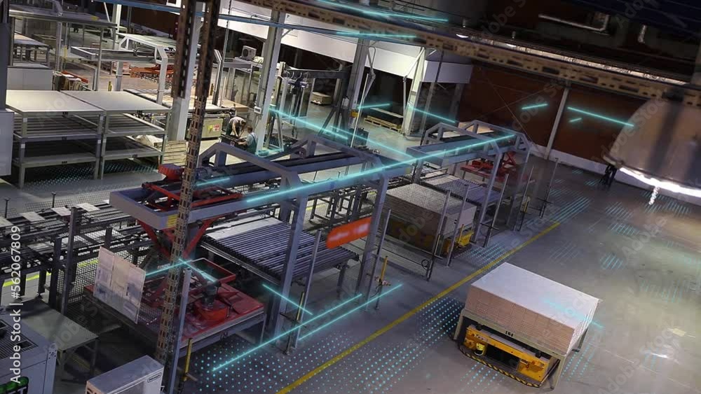 Robots in an automated factory. Automated factory with self-managed robots. Visualization of ...