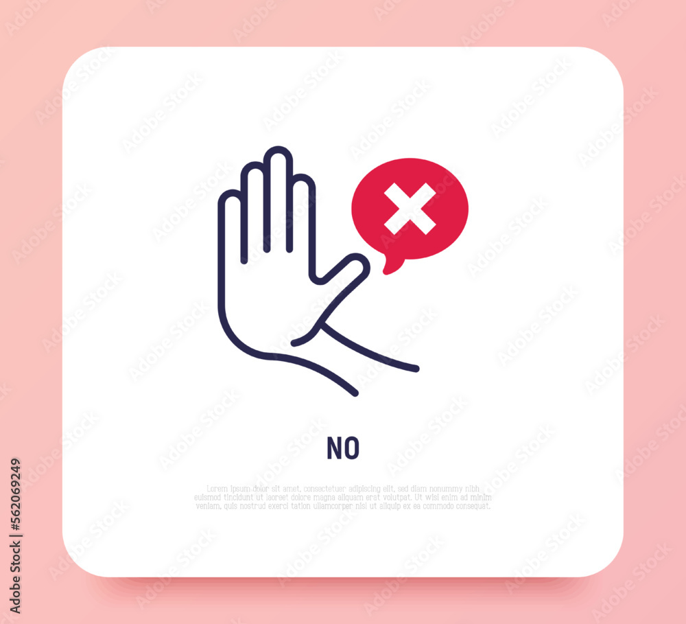 Warning symbol. Stop hand gesture and speech bubble with cross mark ...