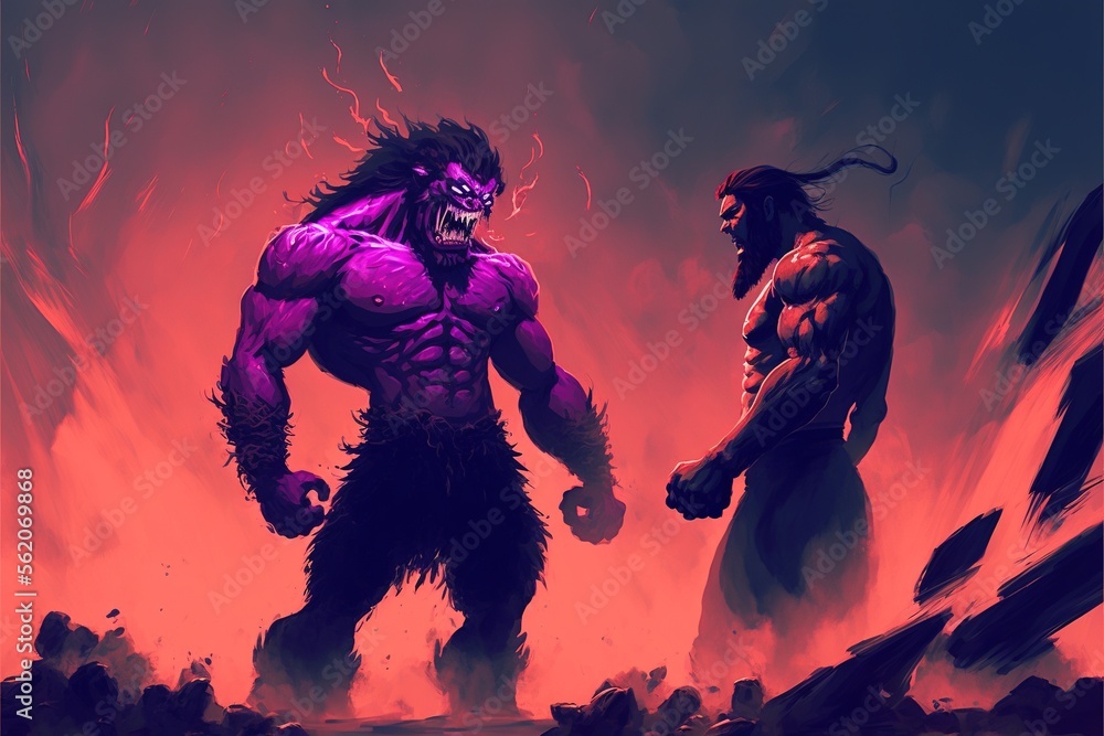 The fight scene between the hero and the villain, digital art style ...