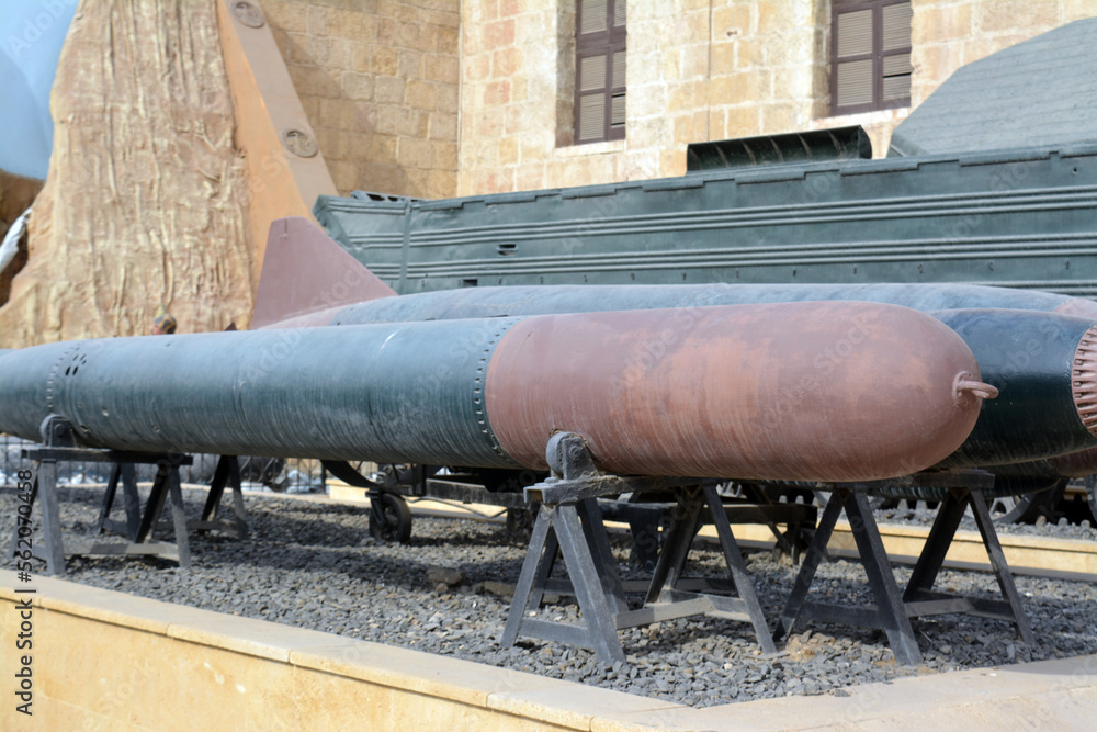 Cairo, Egypt, January 7 2023: old marine torpedo missile used in old ...