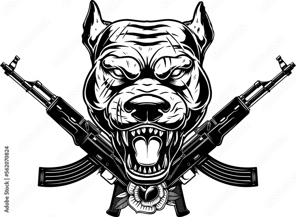 Angry dog head with crossed assault rifles. Design element for poster ...