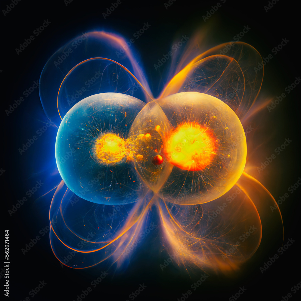 Subatomic particle collision illustration. Nuclear fusion concept ...