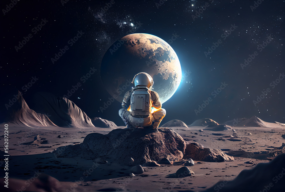 Picture of astronaut - man or woman in suit with helmet, meditating at ...