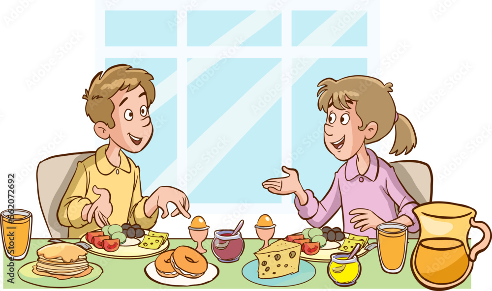 Happy kids having breakfast by themselves. Child nutrition concept ...