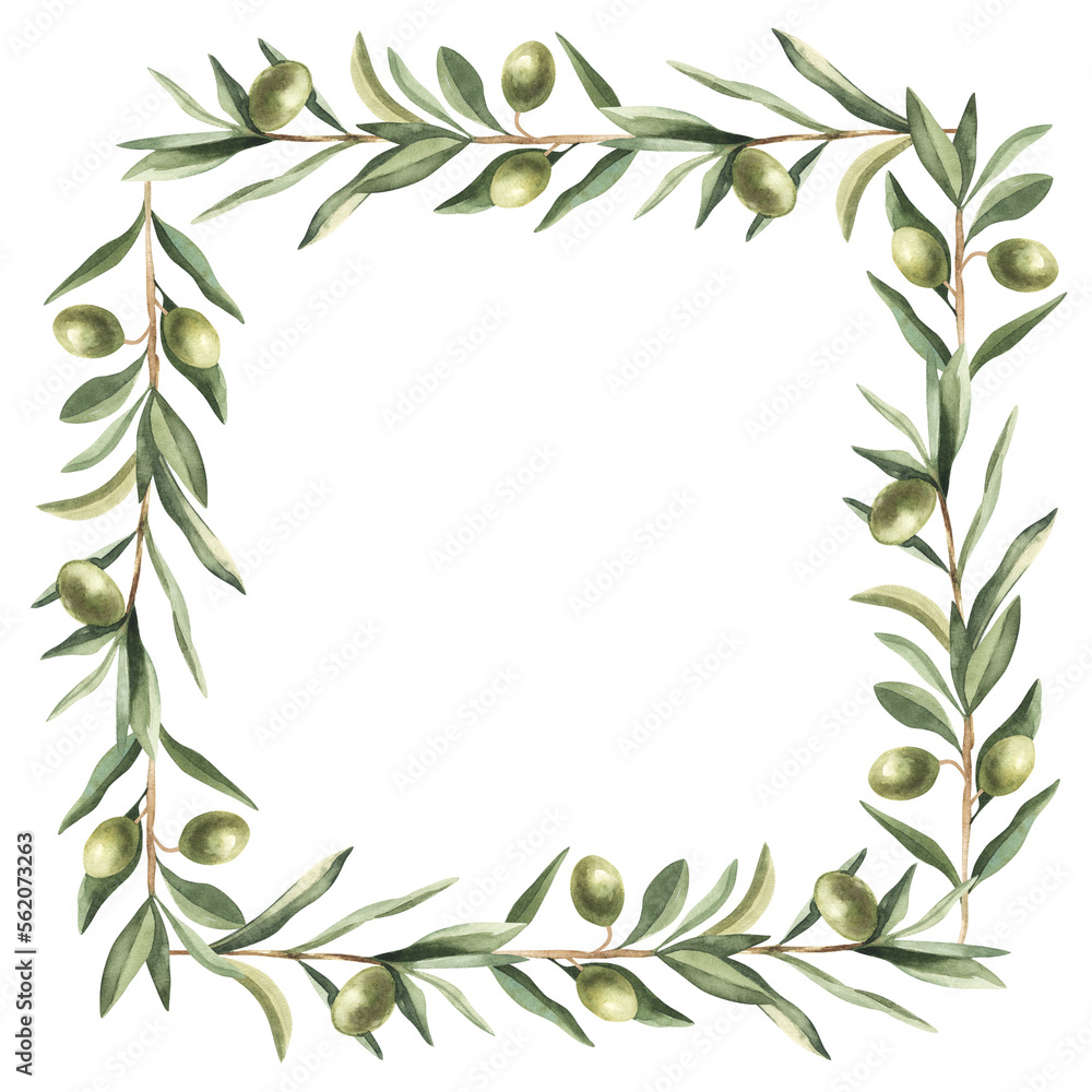 Watercolor olive floral illustration - olive branch frame wreath for ...