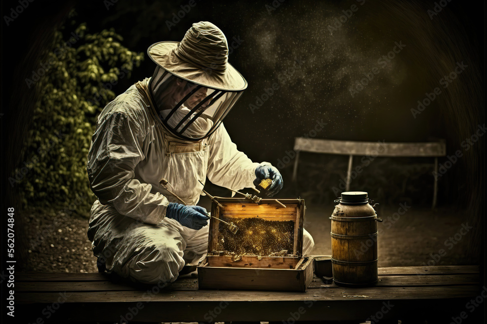 beekeeper at work, beekeper working with bee hives and frames ...