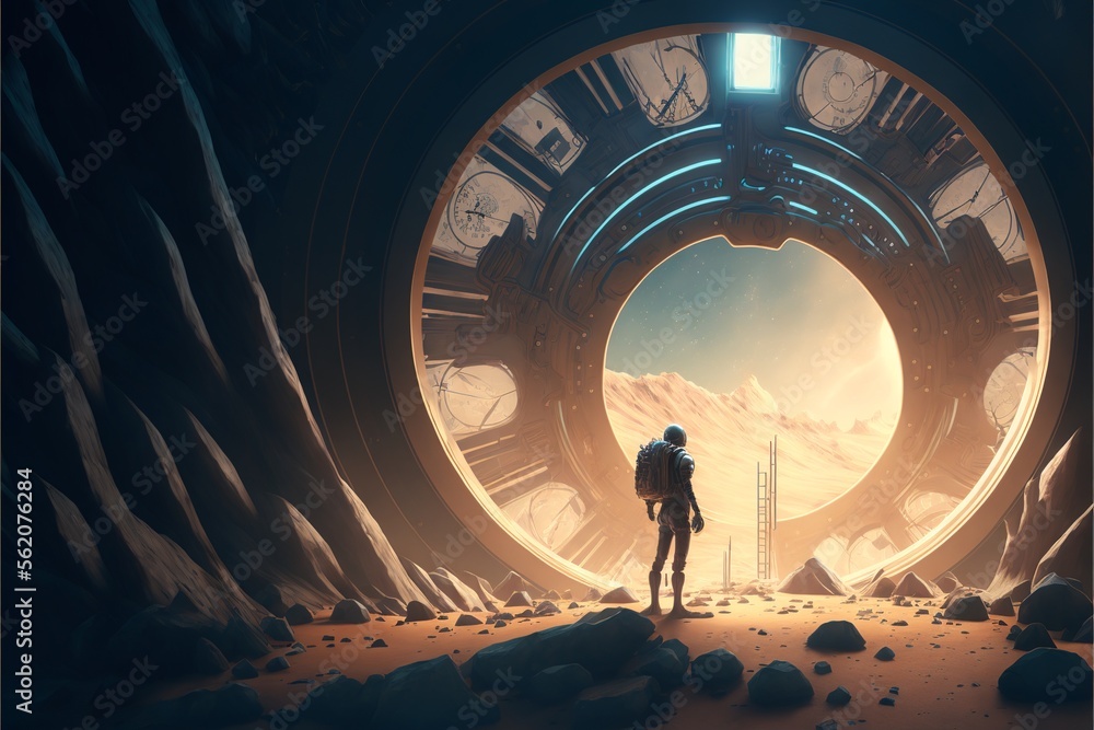 Time and space wanderer exploring a newly discovered crashed spaceship ...