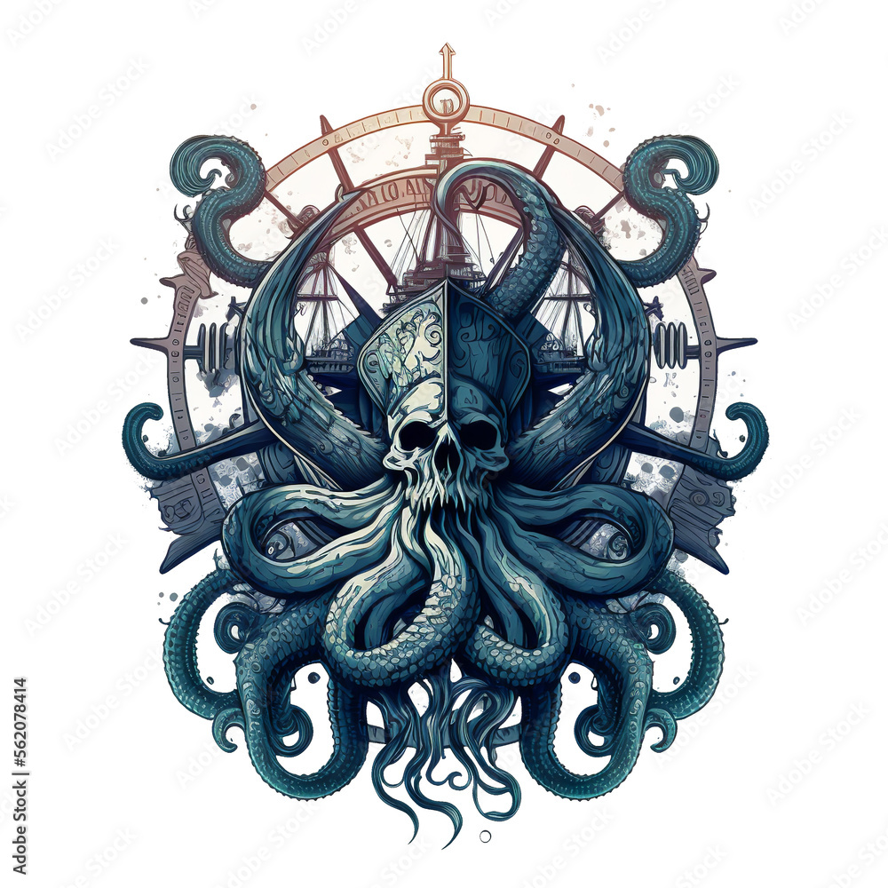 Nautical Sailor Ship giant octopus pirate logo with anchor and steering ...