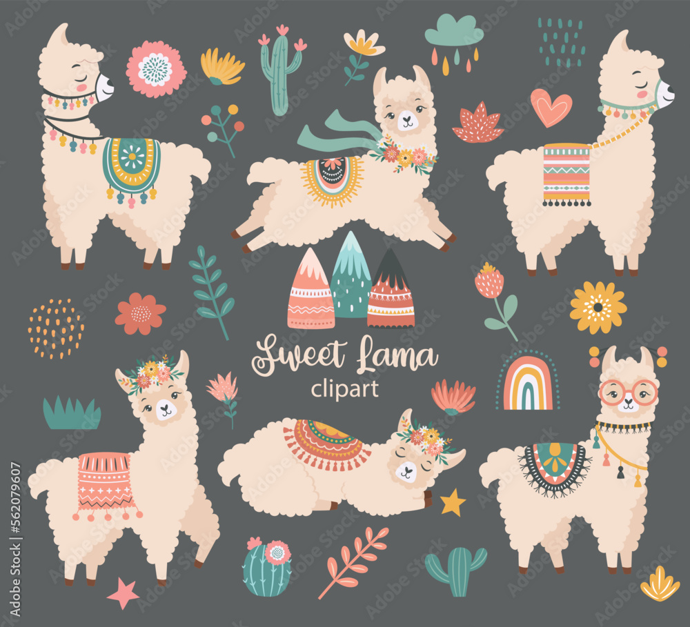 Cute llama clipart with decorative elements. Stock Vector | Adobe Stock