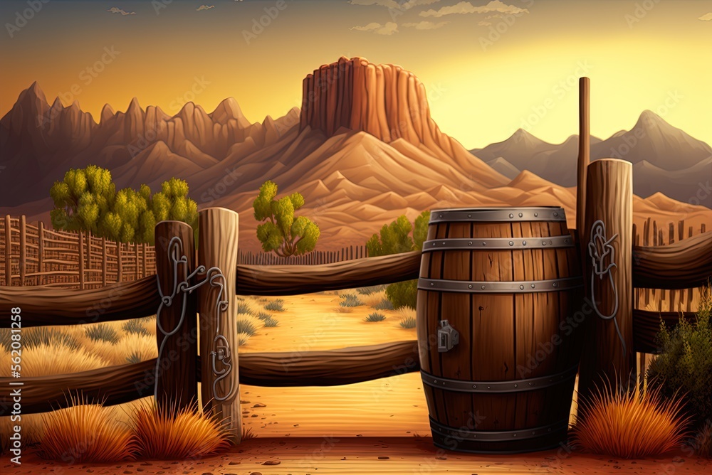 timber fence with a barrel in a wild west setting Generative AI Stock ...