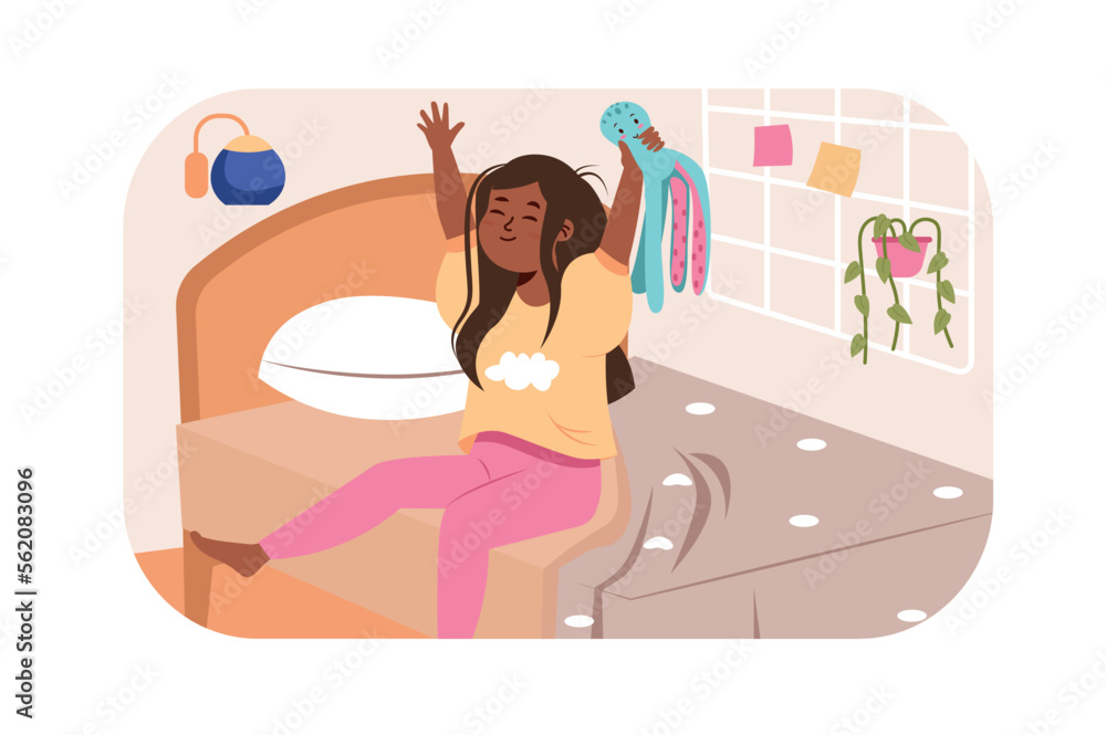 Children wake up morning concept with people scene in flat design ...