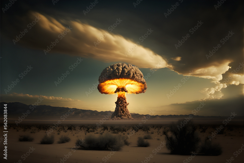 An explosion in a town's skyline making a nuclear fire mushroom cloud ...
