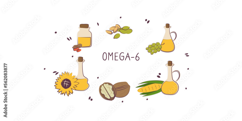 Omega-6-containing food. Groups of healthy products containing vitamins ...