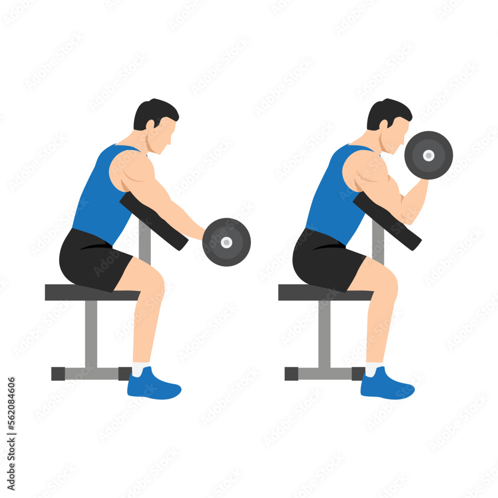 Man doing one arm dumbbell preacher curl side view. Flat vector ...