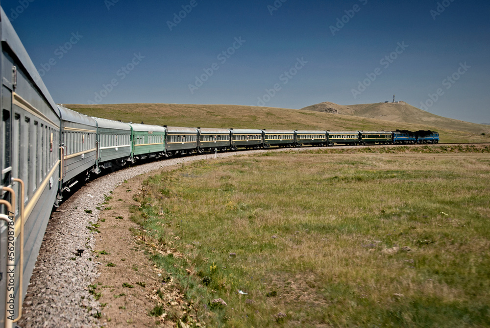 Transmongolian train Crossing the Gobi desert towards Ulaan Bator ...