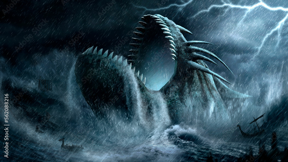 Sea fantasy landscape with a huge whale in the ocean among high waves ...