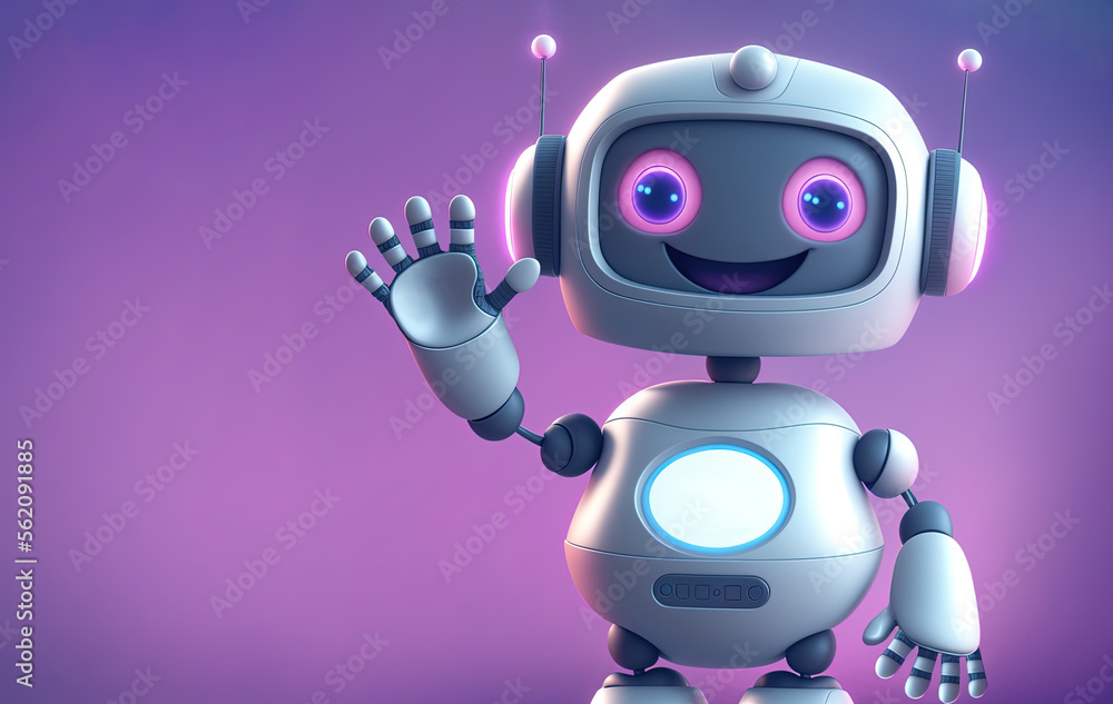 Cute robot waving hand with a smile over minimal background with copy ...