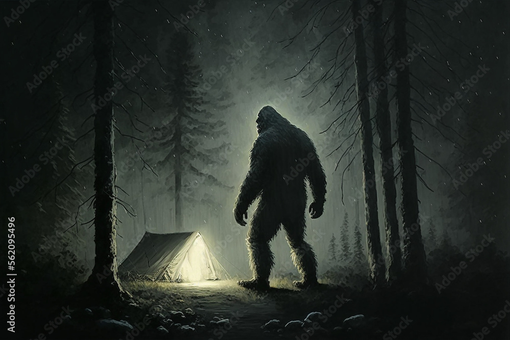 Bigfoot outside tent in the forest Stock Illustration | Adobe Stock
