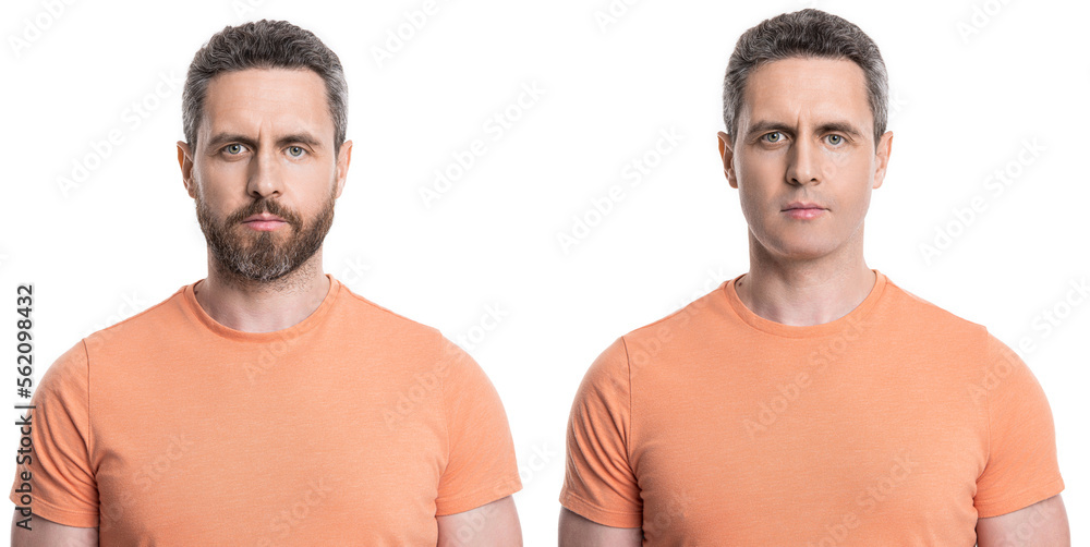 man face stubble comparison before and after in studio. man face ...