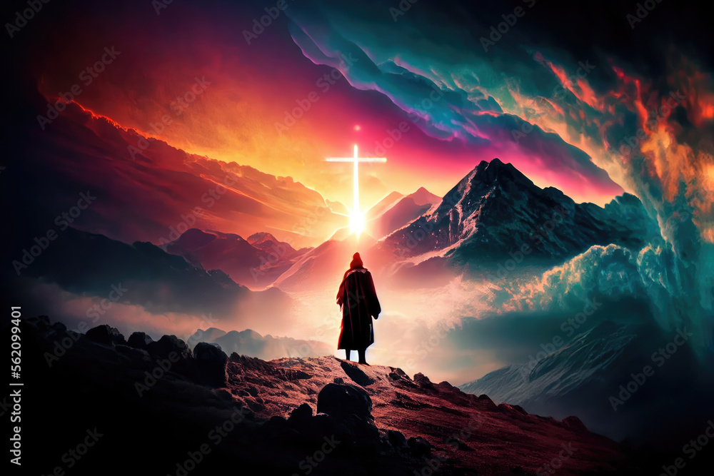 Jesus walking to the top of the mountain where the cross stands and the ...