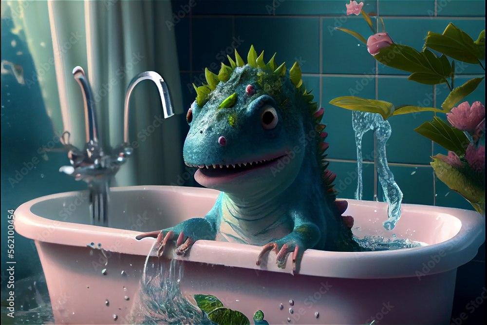 Cute dinosaur having a bath, ideal for kids stories and education ...