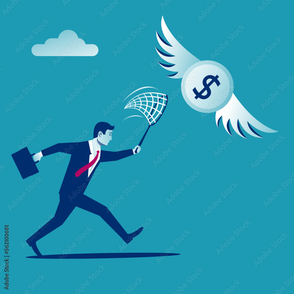 Chasing money concept. Businessman trying to catch flying coin ...
