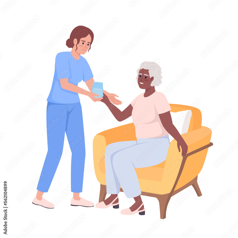 Female caregiver giving glass to senior woman semi flat color vector ...