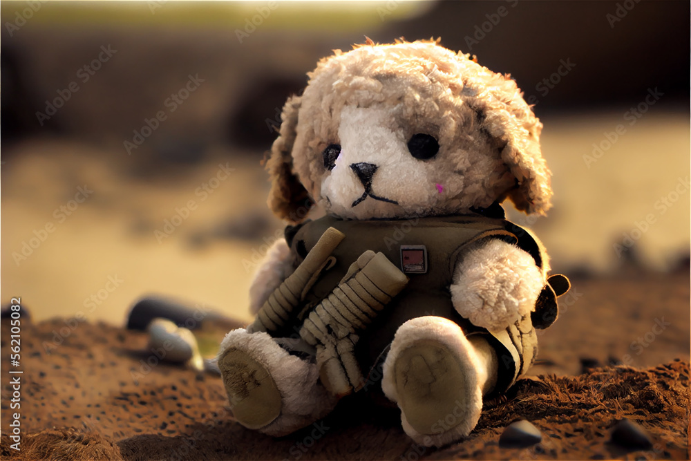 Teddy bear in combat gear in a battle field, symbolizing the horrors of ...