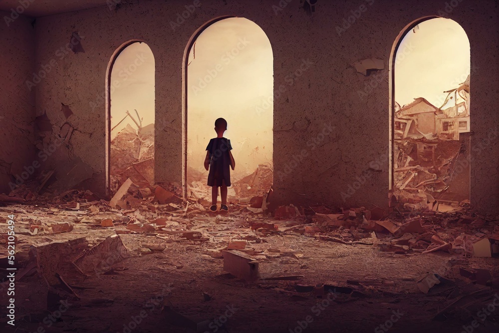 Antiwar concept background rear view of ruined and broken house or ...