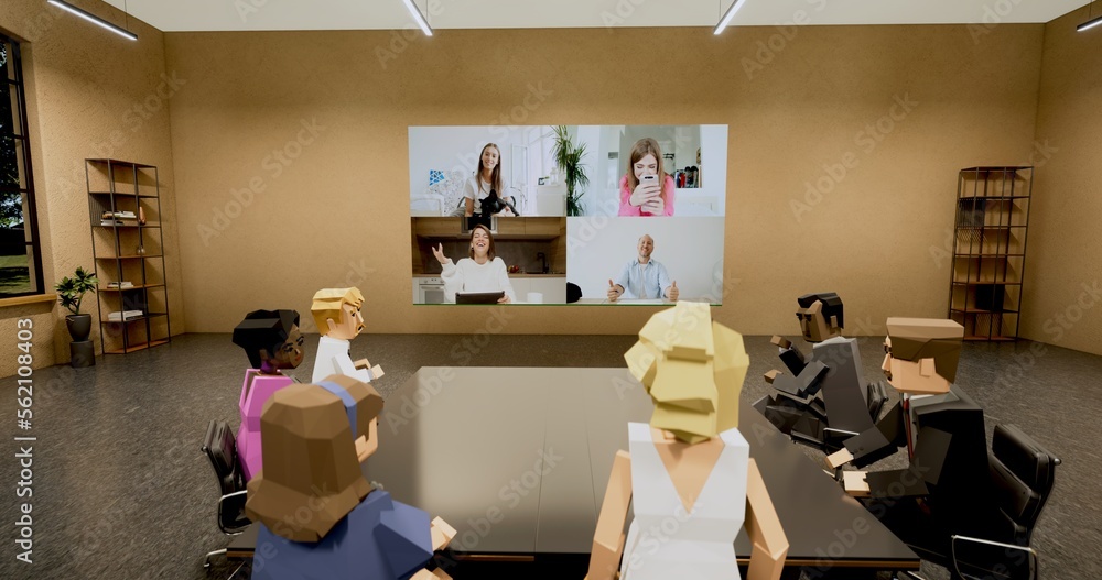 People communicate in metaverse. Office workers meet and talk in a virtual meeting room in VR ...