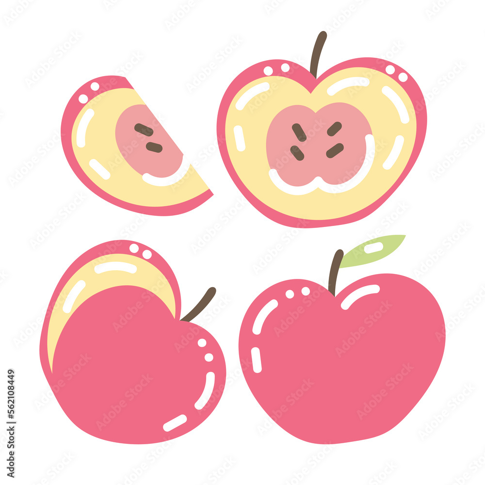 Whole and cut red apple in simple style vector illustrations set ...