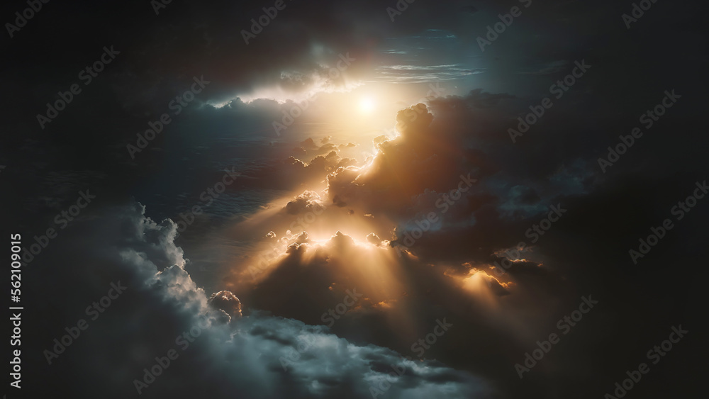A beautiful flight above dark cloudscape with sun rays coming through ...