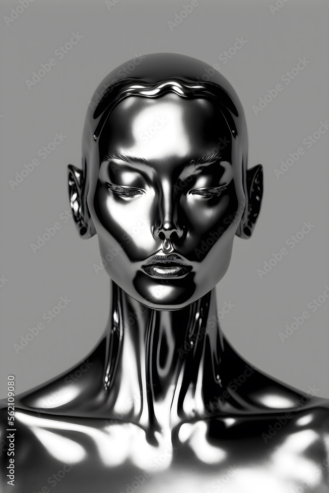 Distorted face of mannequin made of metal. Surrealist art and modern ...