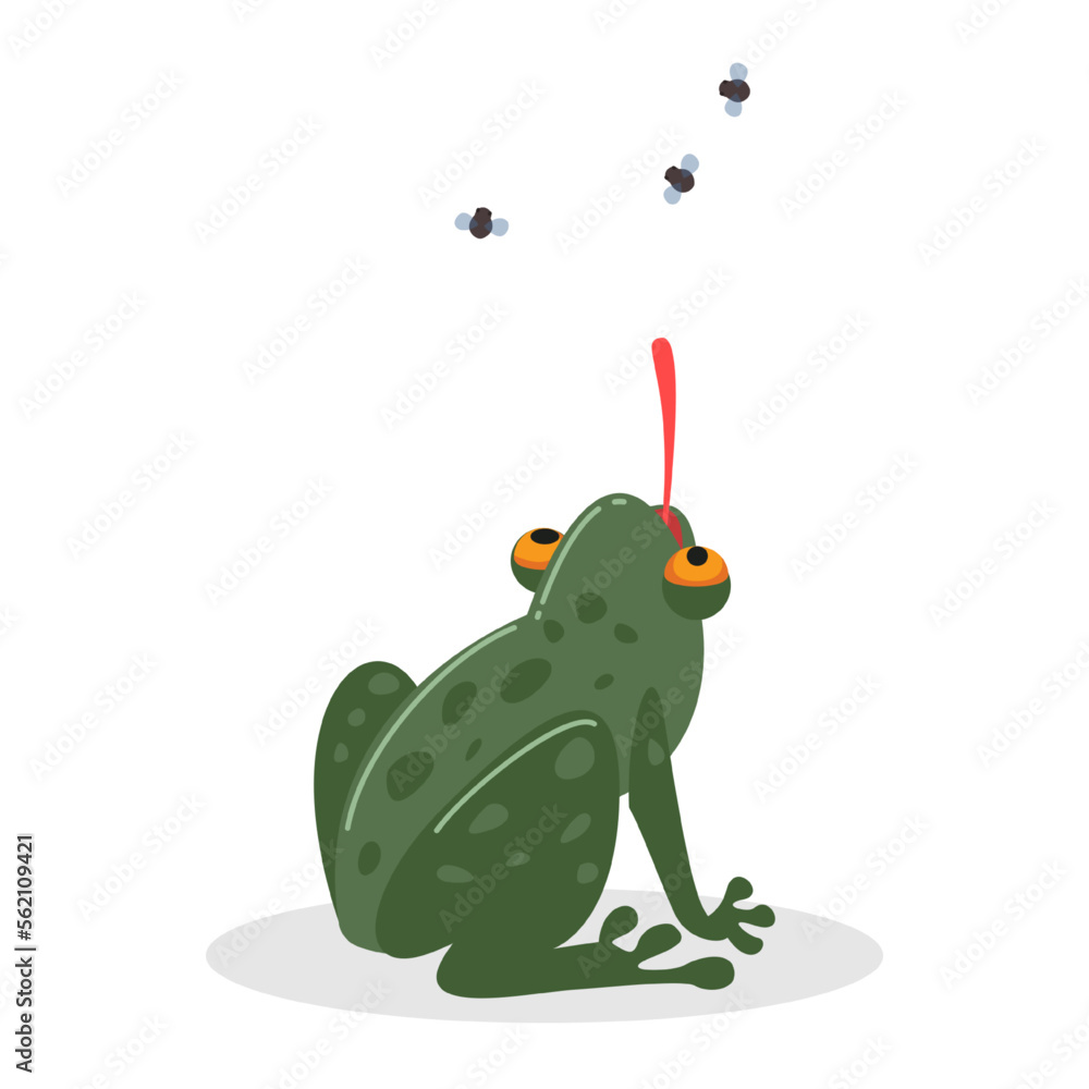 Comic frog catching flies with long tongue vector illustration. Cartoon ...