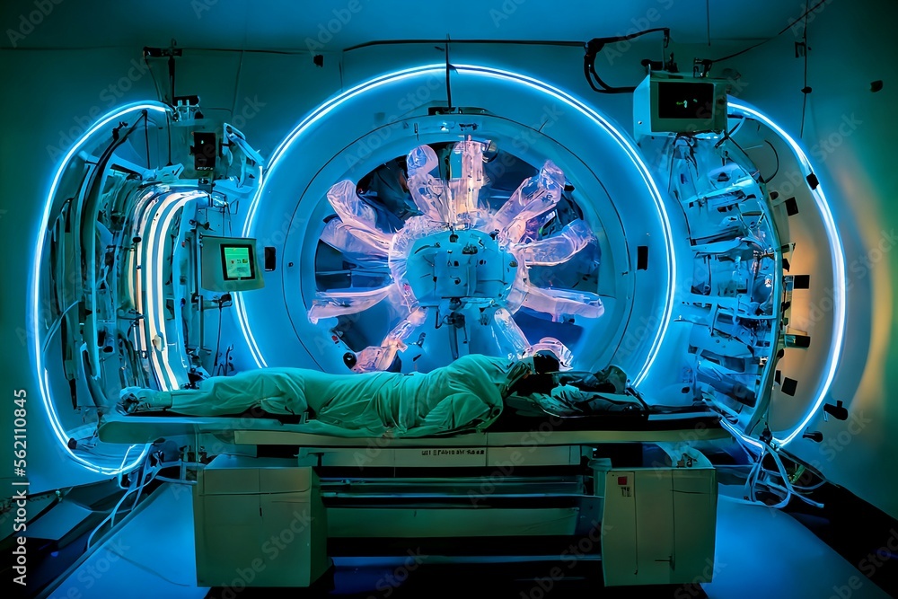 Proton therapy accelerator: Patient on table surrounded by large ...