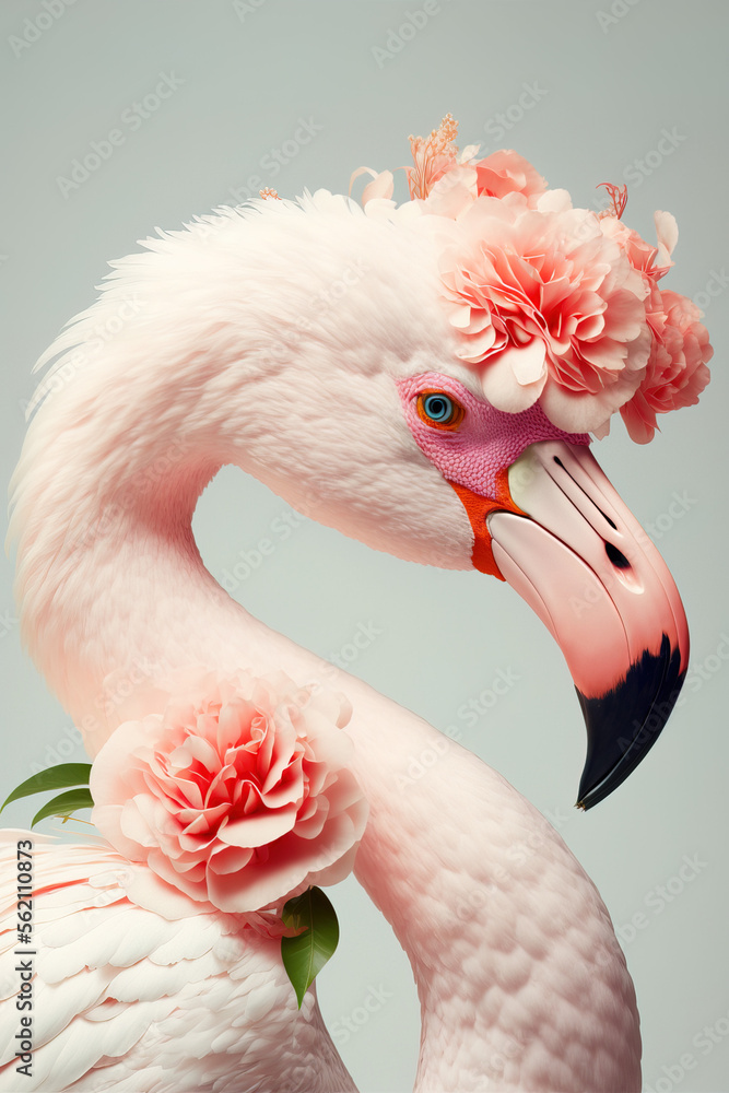 Abstract gentle portrait of a light pink flamingo with a hairstyle of ...