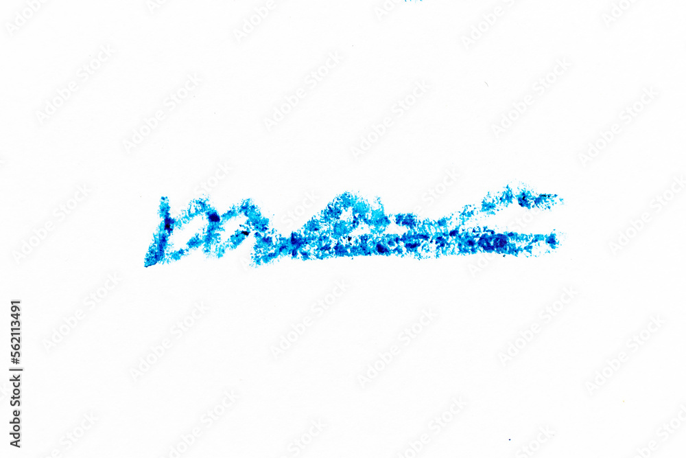 Blue color crayon hand drawing in sribble line shape on white paper ...