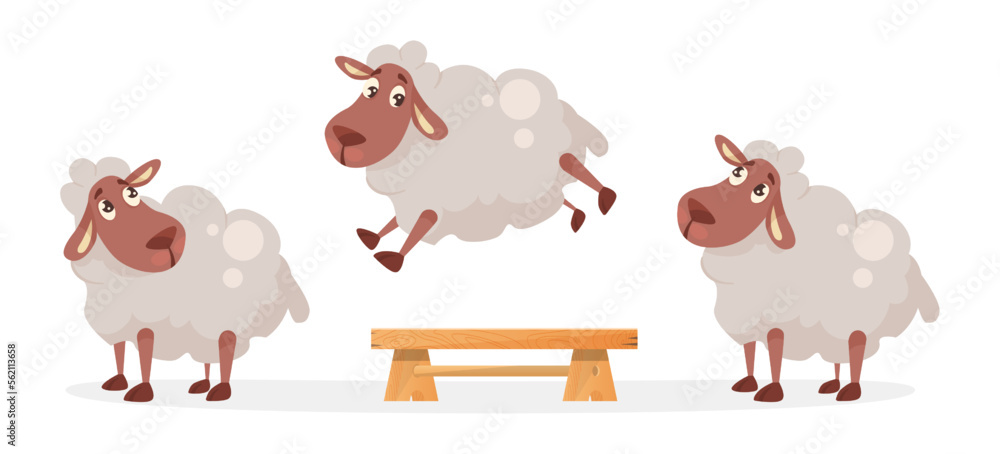Cute comic sheep jumping over wooden bench vector illustration. Cartoon ...