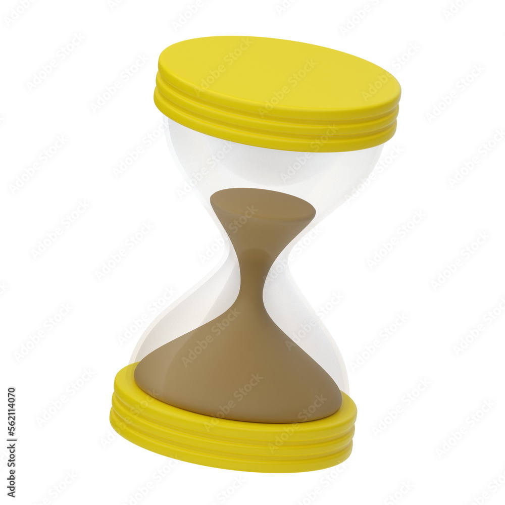 3D render cartoon hourglass with transparent glass. Realistic plastic ...