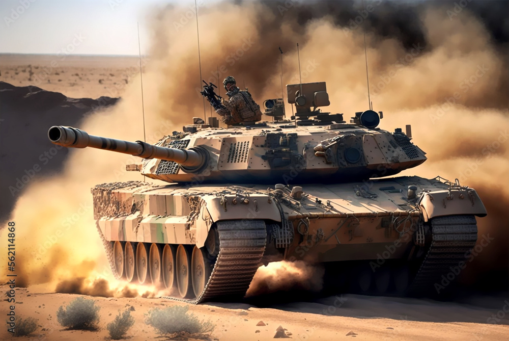 Desert combat with a battle tank that supports the army on the advance ...