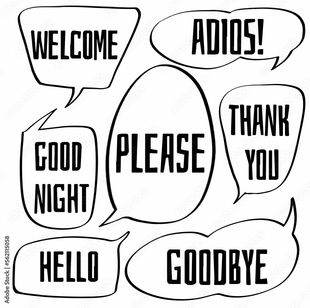 Set doodle hand drawn speech bubbles of WELCOME, GOOD NIGHT, HELLO ...