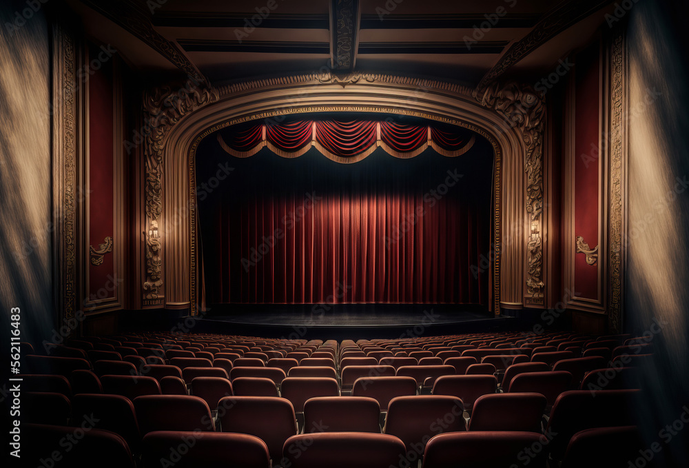View or an empty theater or cinema with rows or seats and spotlight on ...