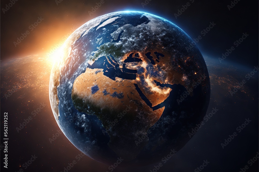 Digital dystopian globe, future, viewed from space, in the solar system ...