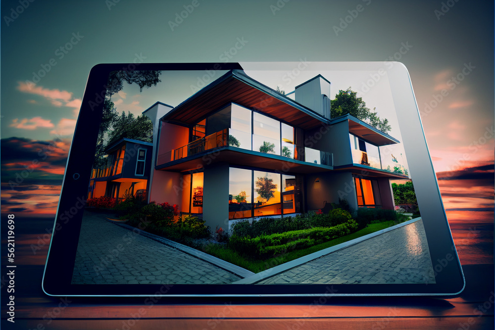 Hands holding tablet showing modern home, total blank project ...