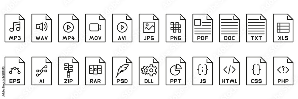 File format outline icon set. Document file. Vector illustration Stock ...