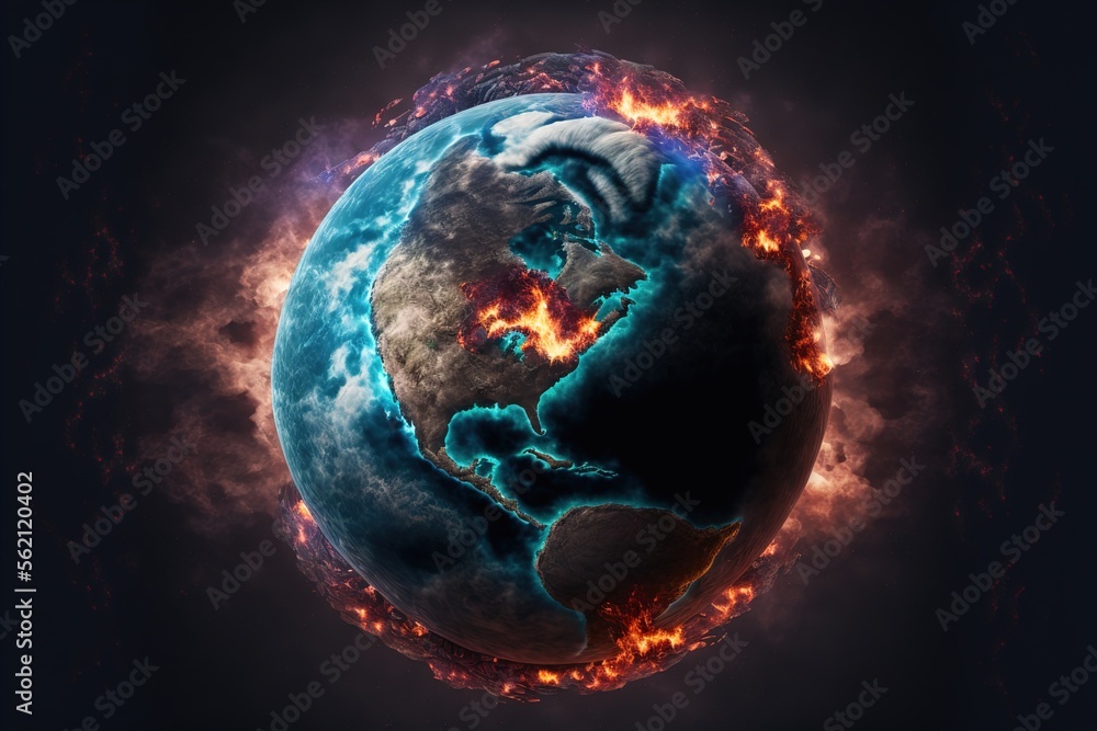 Digital dystopian globe, future, viewed from space, in the solar system ...