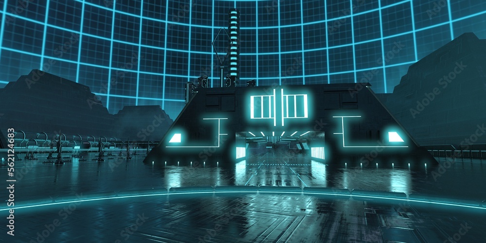 Futuristic cyber city in blue neon lights. Wet black road. Wallpaper in ...