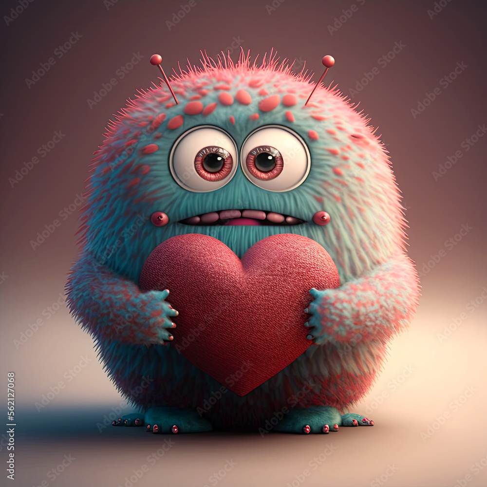 Adorable monster holding a heart. Cute valentines monster. Cute fluffy ...