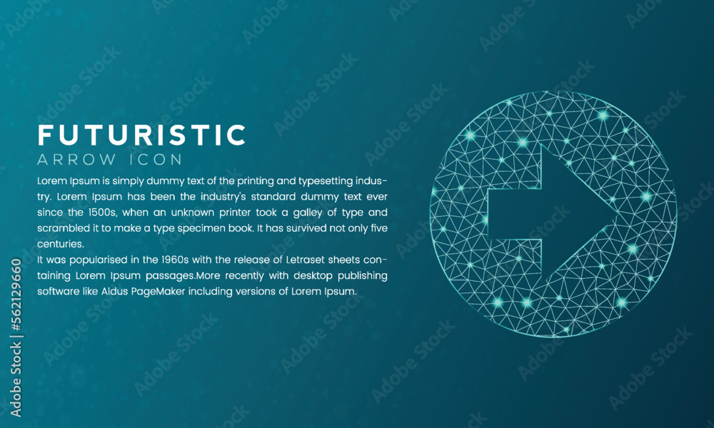 Blue futuristic arrow icon concept with polygon node connected dots and ...