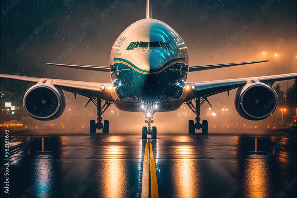 a large jetliner sitting on top of an airport runway at night with rain ...